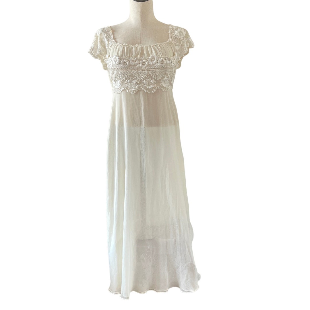 Vintage Peignoir Nightgown Long Lingerie Negligee Nightie Floral Lace ...