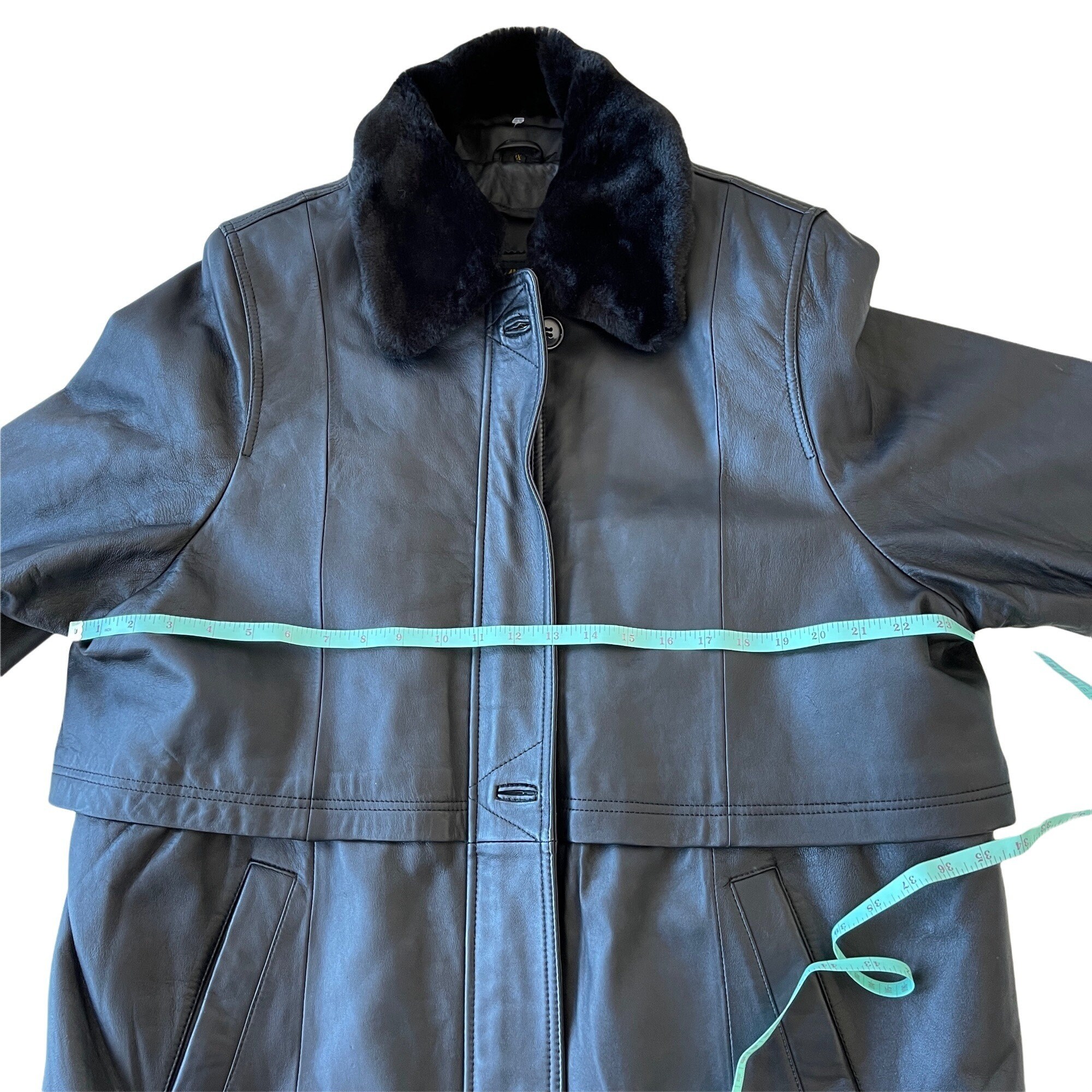 Komitor Black Leather Jacket Coat Removable Faux Fur Collar Heavy Duty ...