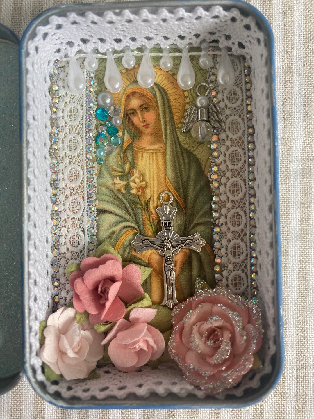 Blessed Virgin Mary Altered Tin Pocket Shrine/altar With Catholic ...