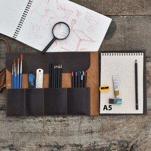 Handmade Leather Sketchbook Cover With Pen Pencil Holder Customisable ...