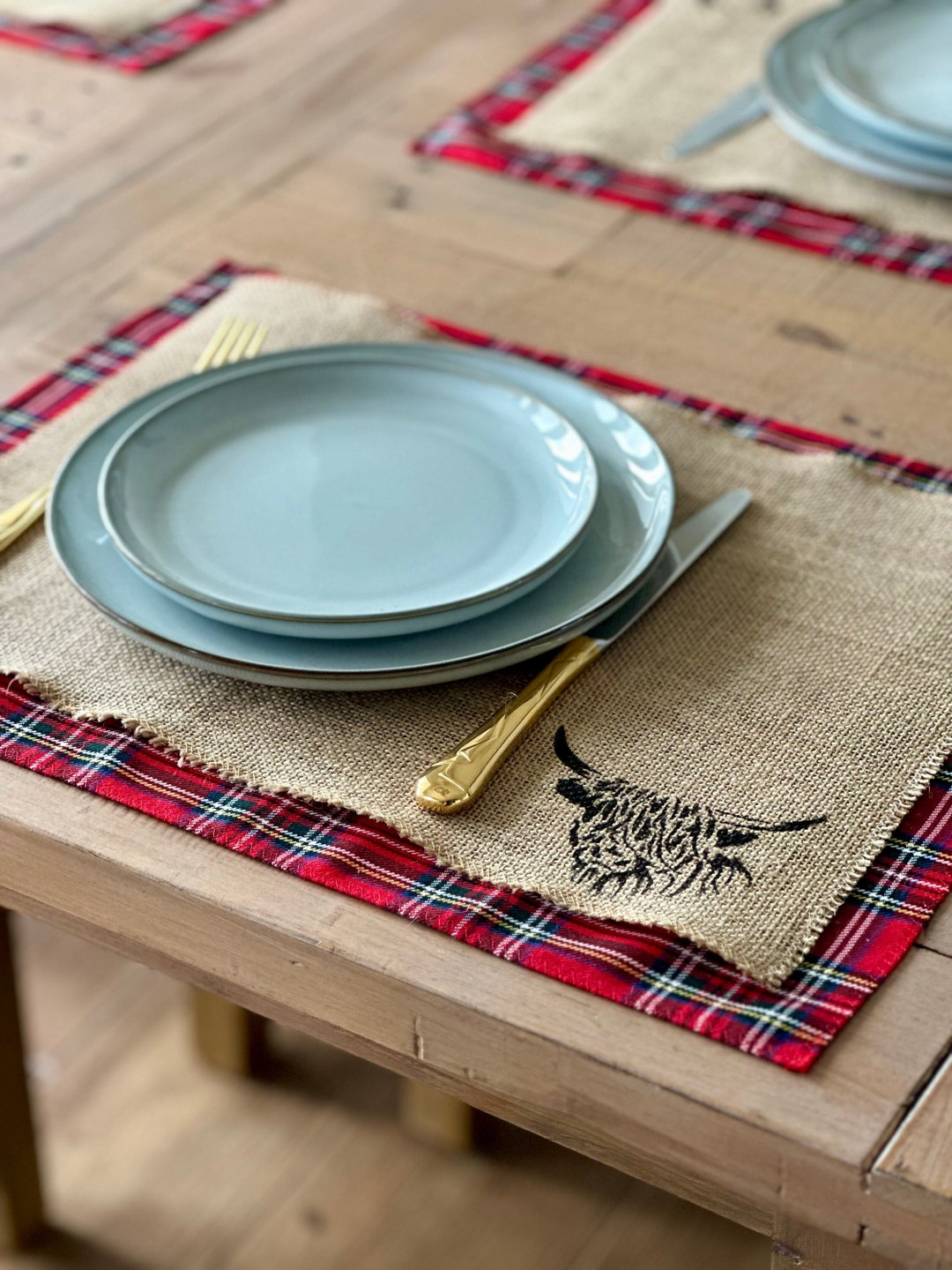 Set of Scottish Cow Placemats , Christmas Hessian Placemats, Rustic ...