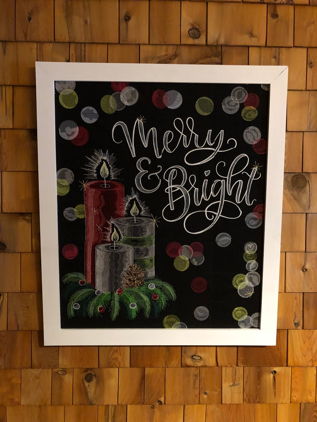 Merry and Bright Embroidered Tile Scene With White 2" Frame (34x29) or ...