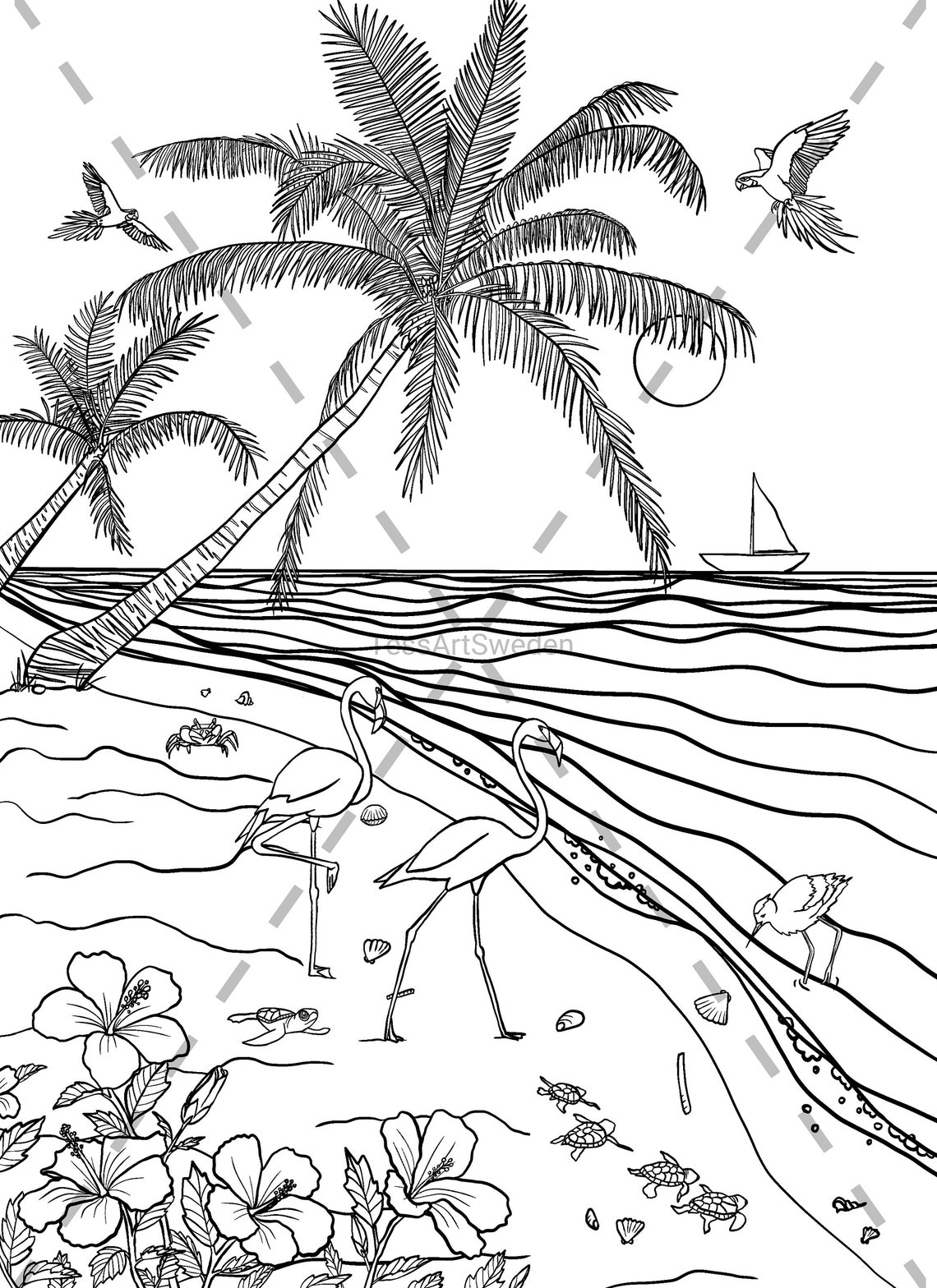 Tropical Beach Printable Colouring Sheet - Digital Download Colouring ...
