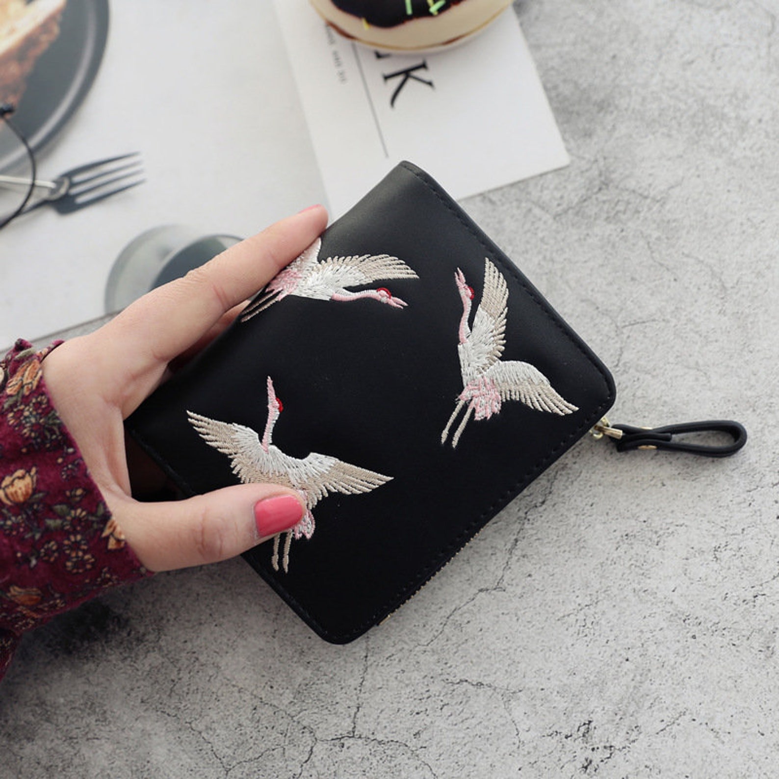 Embroidery Bird Purse Black Wallet Short Red Purse/card - Etsy