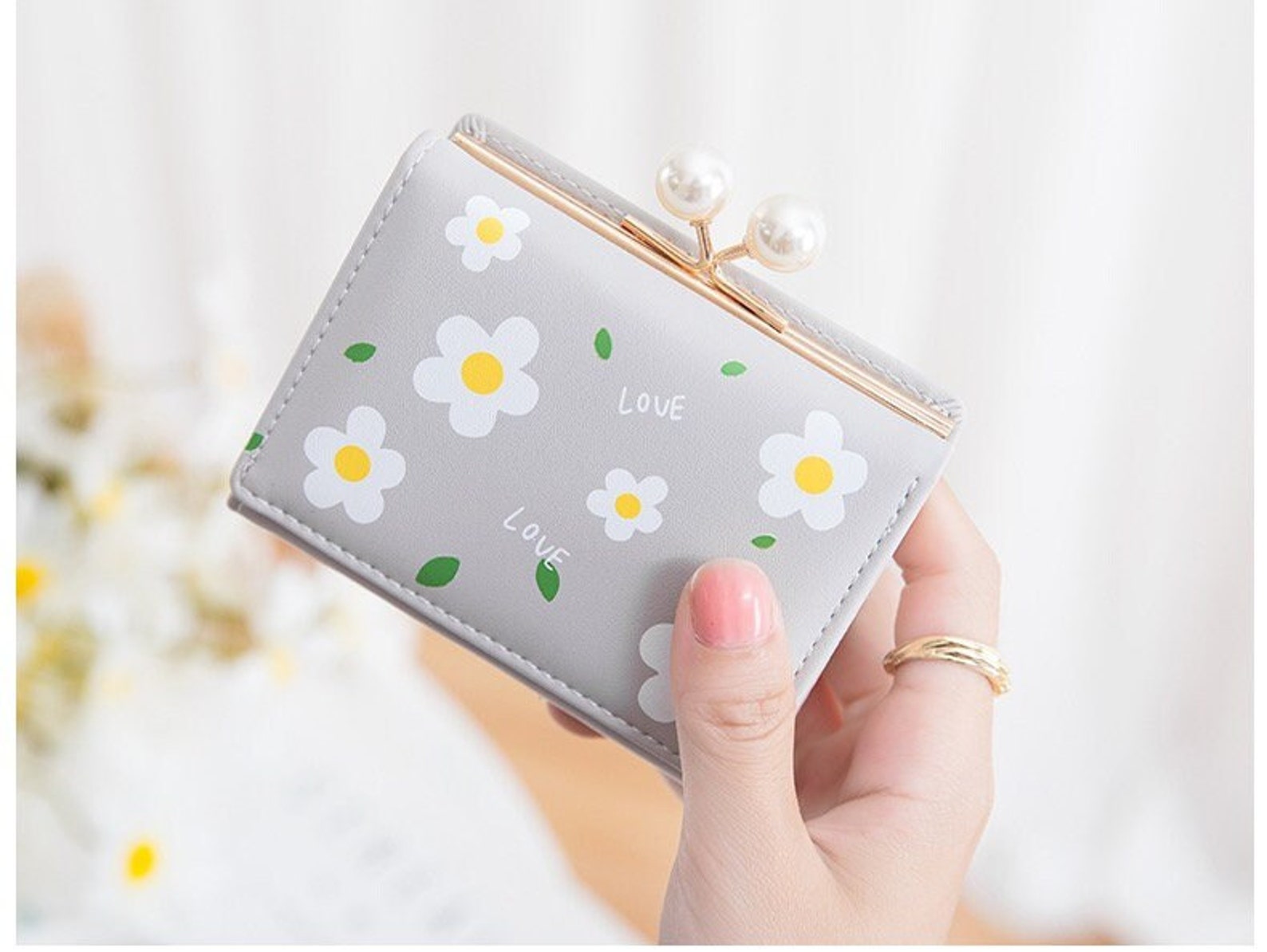 Cute Kawaii Daisy Flower Pearl Korea Pink Small Wallet/ - Etsy