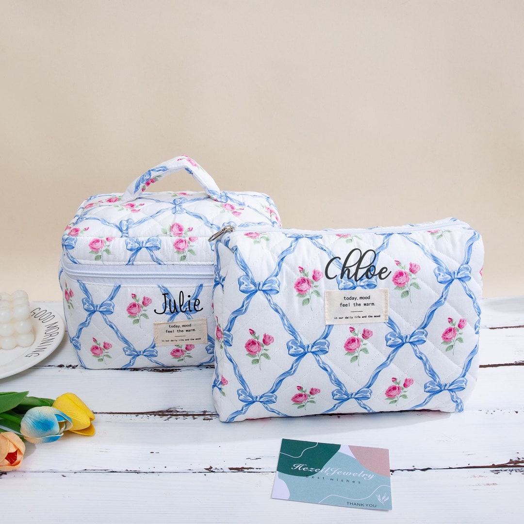Personalised Blue&pink Flower Makeup Bag, Vintage Cosmetic Organizer ...