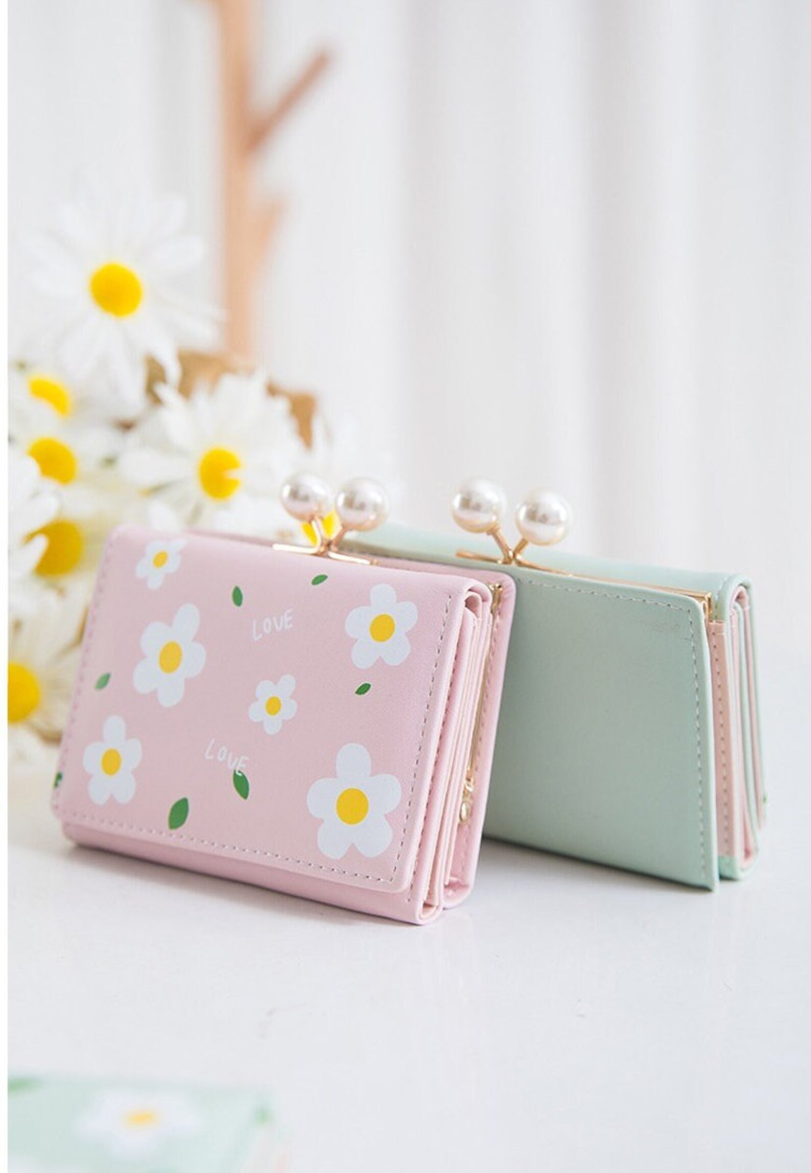 Cute Kawaii Daisy Flower Pearl Korea Pink Small Wallet/ - Etsy