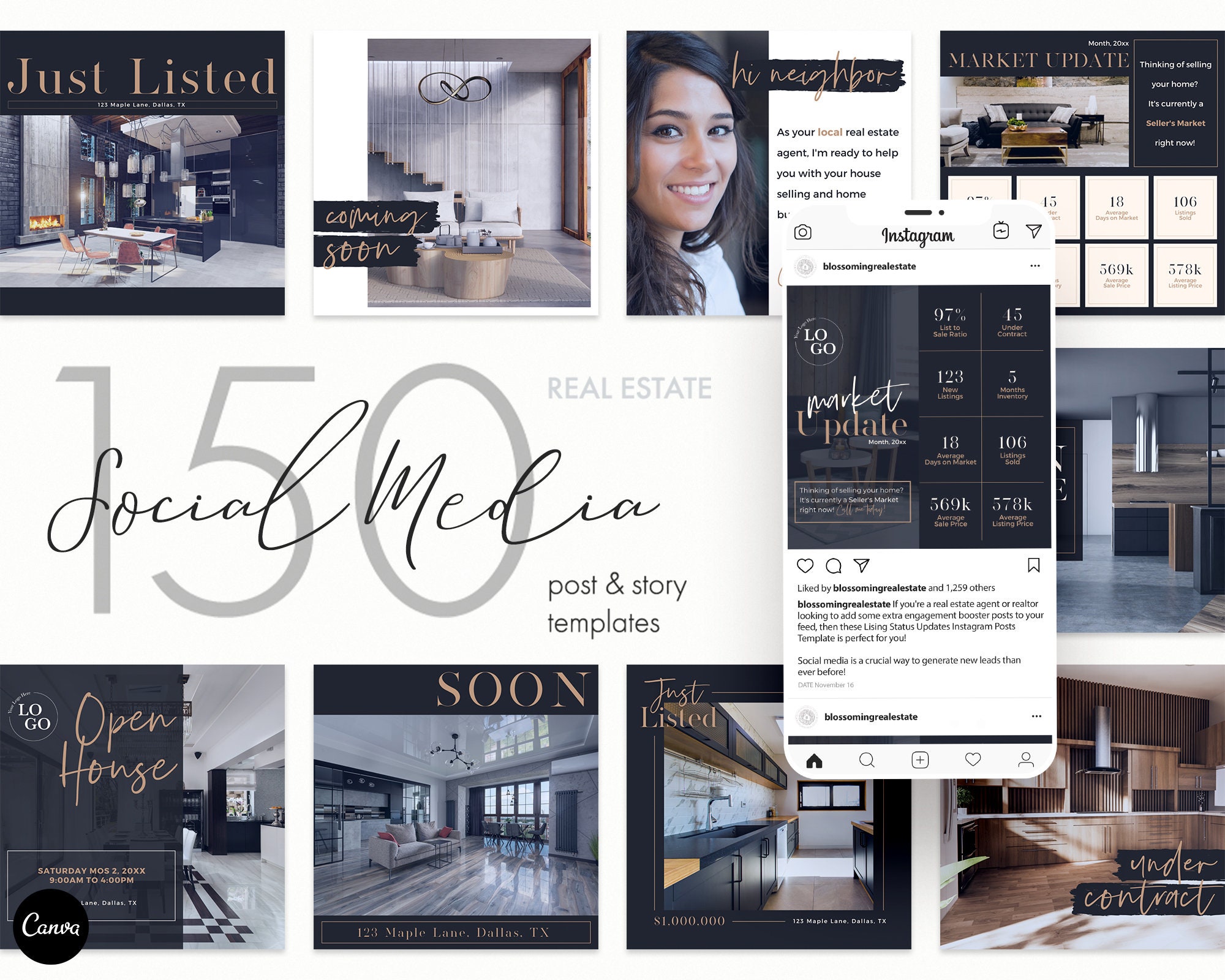 150 Real Estate Social Media Post & Story Bundle Dark Marxii - Etsy