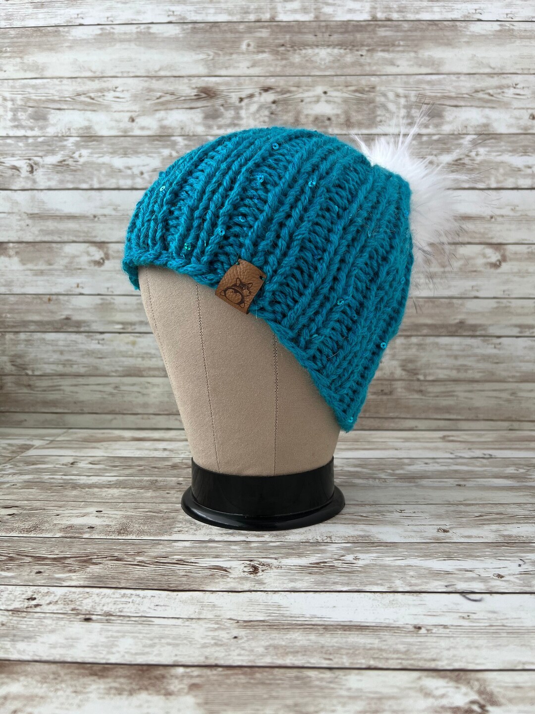 Handknit Hat/ Chunky Ribbed Hat/sequined Hat/beanie/faux Fur Pom Pom ...