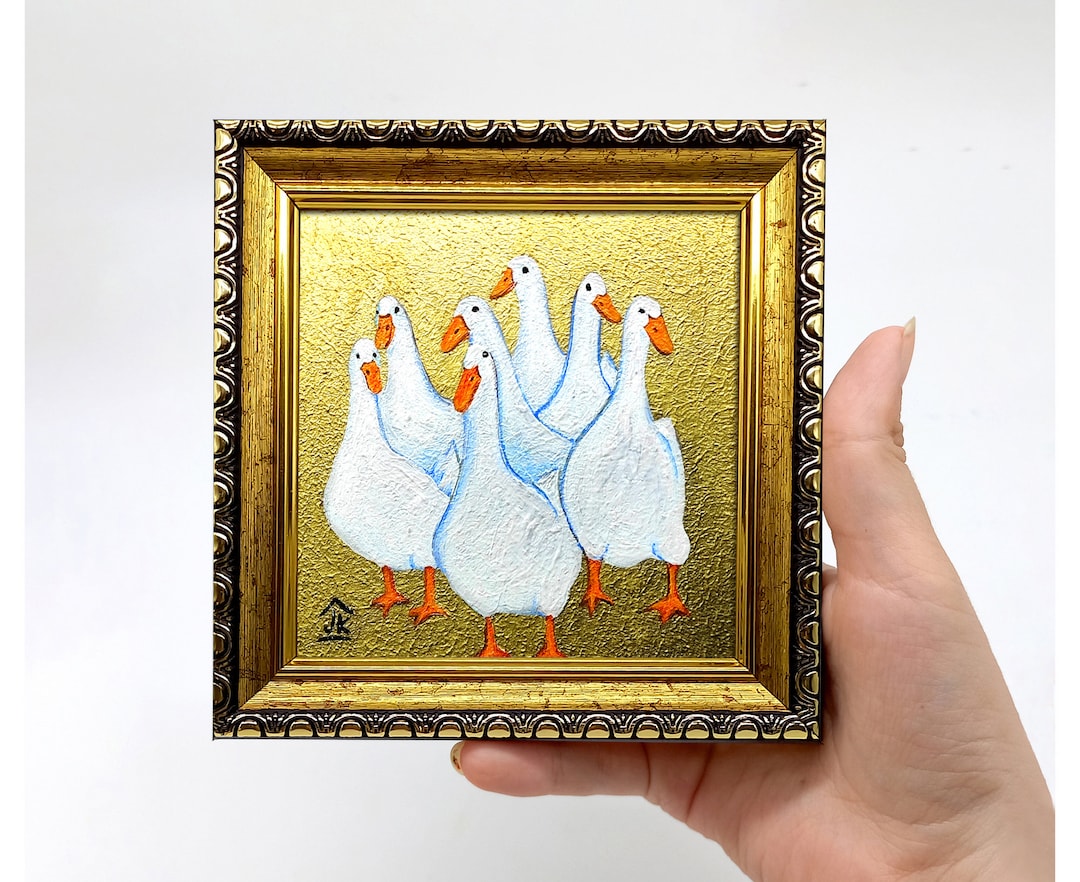 Geese Oil Painting Framed Hand-painted 7 White Geese on Gold Leaf ...