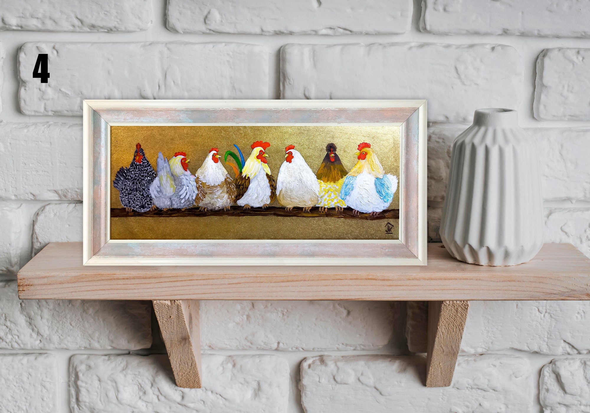 Hand-painted Rooster & Hens Oil Painting With Gold Leaf - Framed ...