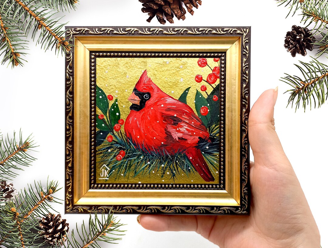 Cardinal Painting Framed Mini Art Red Bird Wall Art Christmas Gift for ...