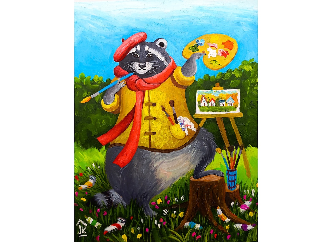 Raccoon Painting Raccoon Artist With Easel Original Art - Etsy