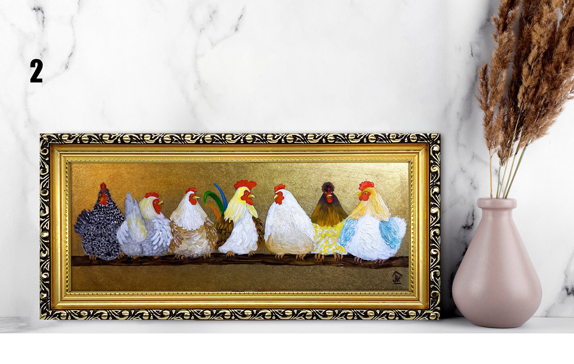 Hand-painted Rooster & Hens Oil Painting With Gold Leaf - Framed ...