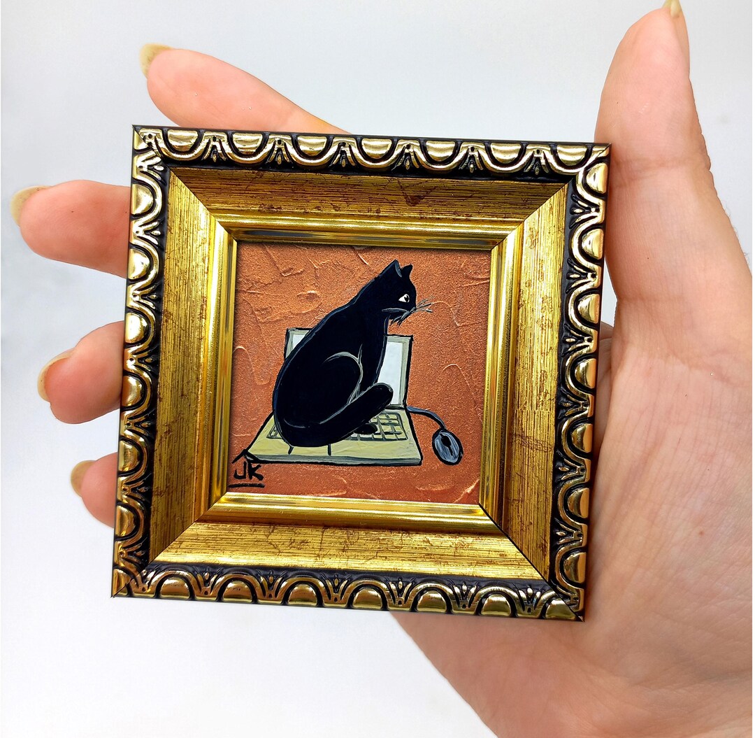Framed Black Cat Laptop Painting: Miniature Desk Art by Julia Kot - Etsy