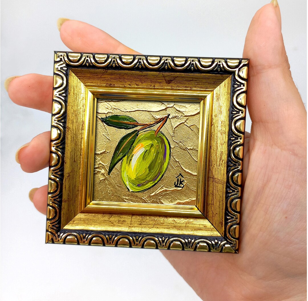 Olive Painting Framed Gold Textured Tiny Art 2 by 2 Kitchen Decor Gift ...