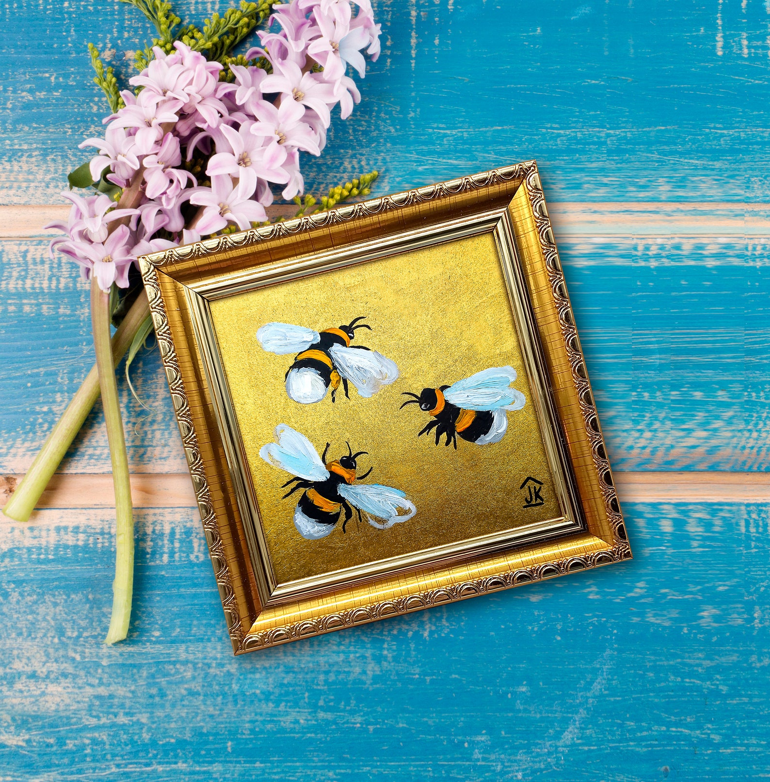 Bumblebee Painting: Gold Leaf Texture, Framed Bee Wall Art - Etsy