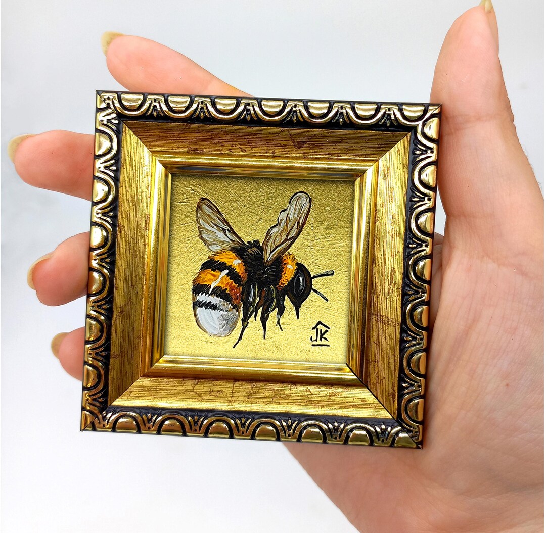 Bumblebee Miniature Oil Painting: Framed Gold Leaf Bee Art - Etsy