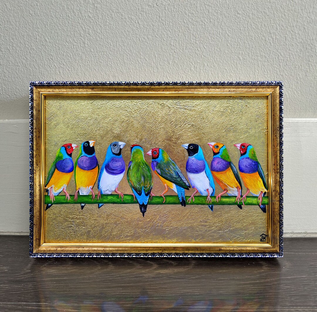 Gouldian Finches Painting Framed Hand-painted Colorful Birds on a ...