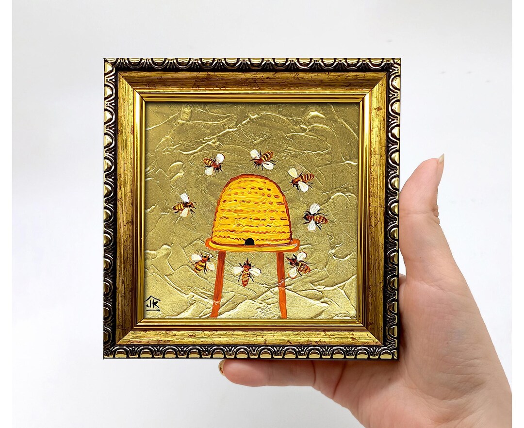 Beehive and Bees Painting – Gold Textured Miniature Cozy Eco Decor ...