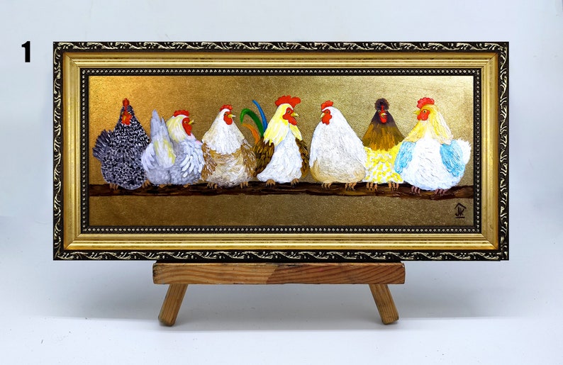 Hand-painted Rooster & Hens Oil Painting With Gold Leaf - Framed ...