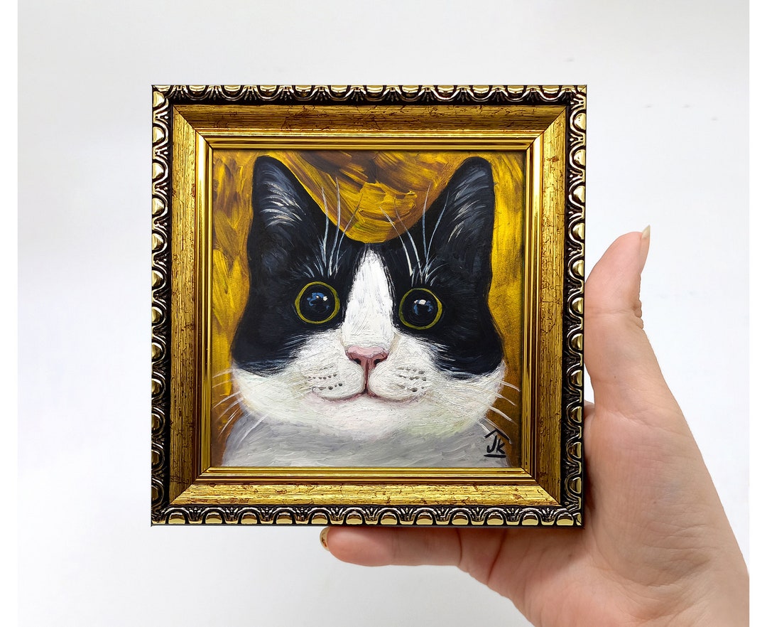 Tuxedo Cat Portrait: Hand-painted Funny Cat Art, Yellow Eyes - Etsy