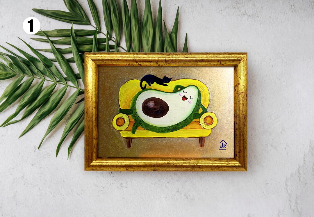 Funny Cute Avocado Painting Framed Hand-painted Tropical Wall Decor for ...