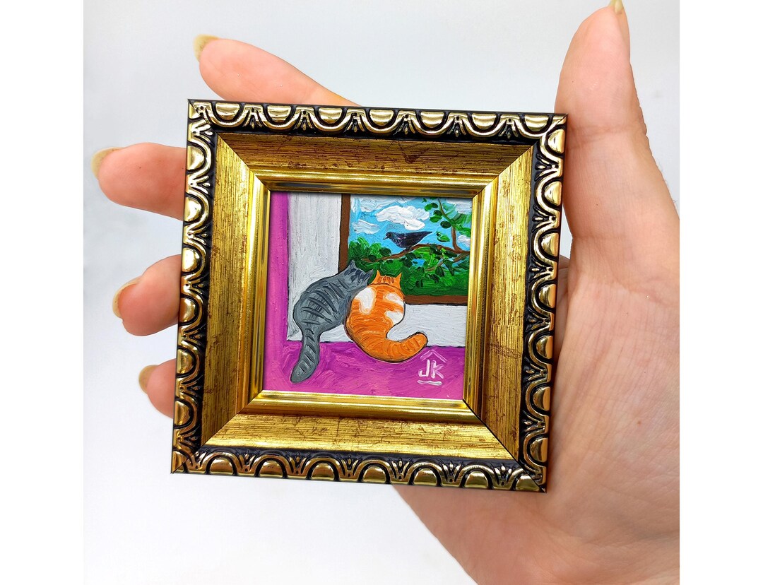 Miniature Cat Oil Painting: Two Cats Watching Bird, Framed Artwork (2x2 ...