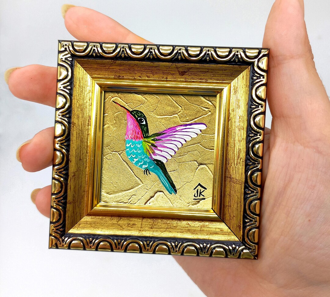 Cuadro de colibrí en miniatura: Arte mural de pájaro con marco dorado ...