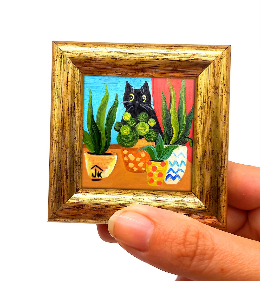 Black Cat Framed Painting Funny Cute Kitten on the Window With Flowers ...