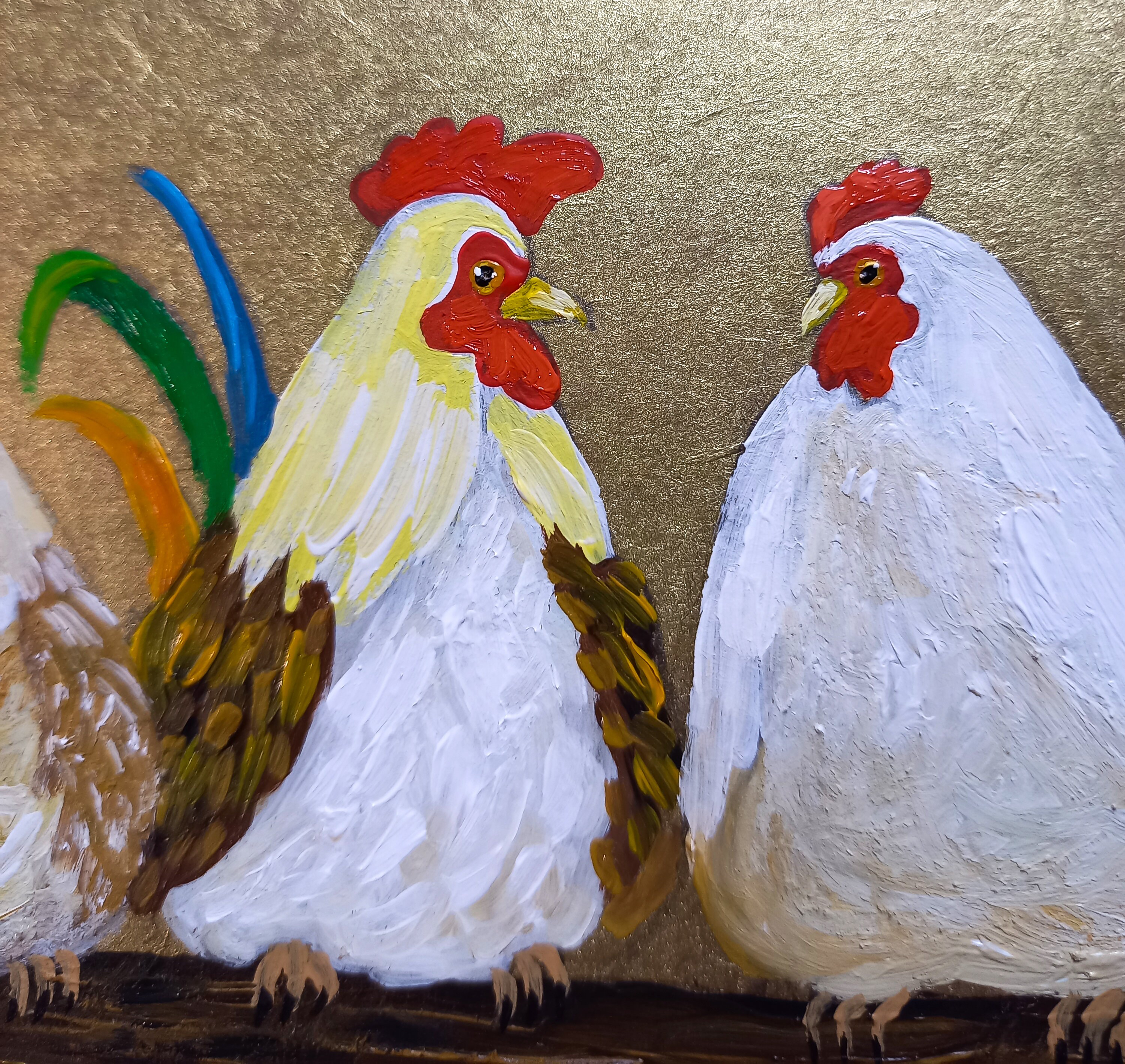 Hand-painted Rooster & Hens Oil Painting With Gold Leaf - Framed ...