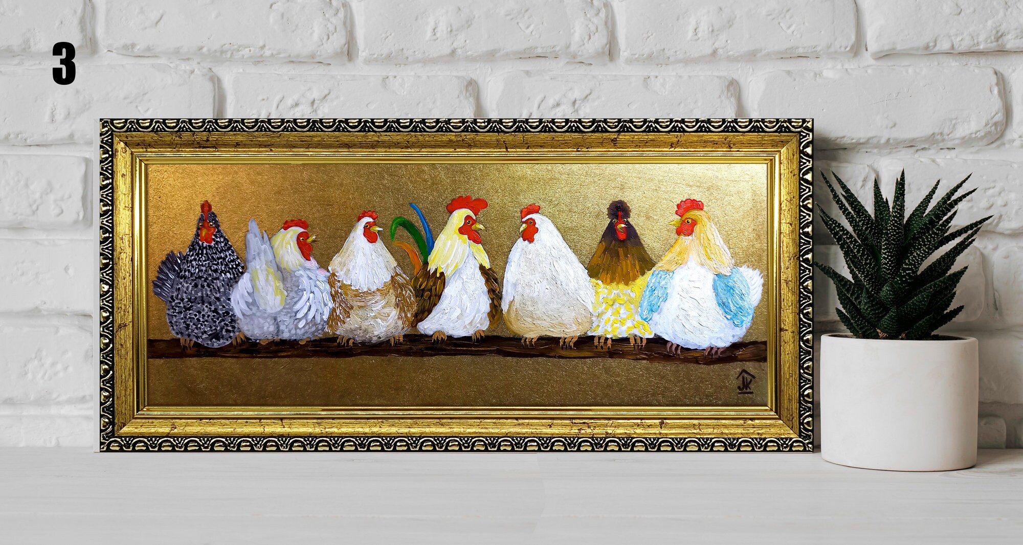 Hand-painted Rooster & Hens Oil Painting With Gold Leaf - Framed ...