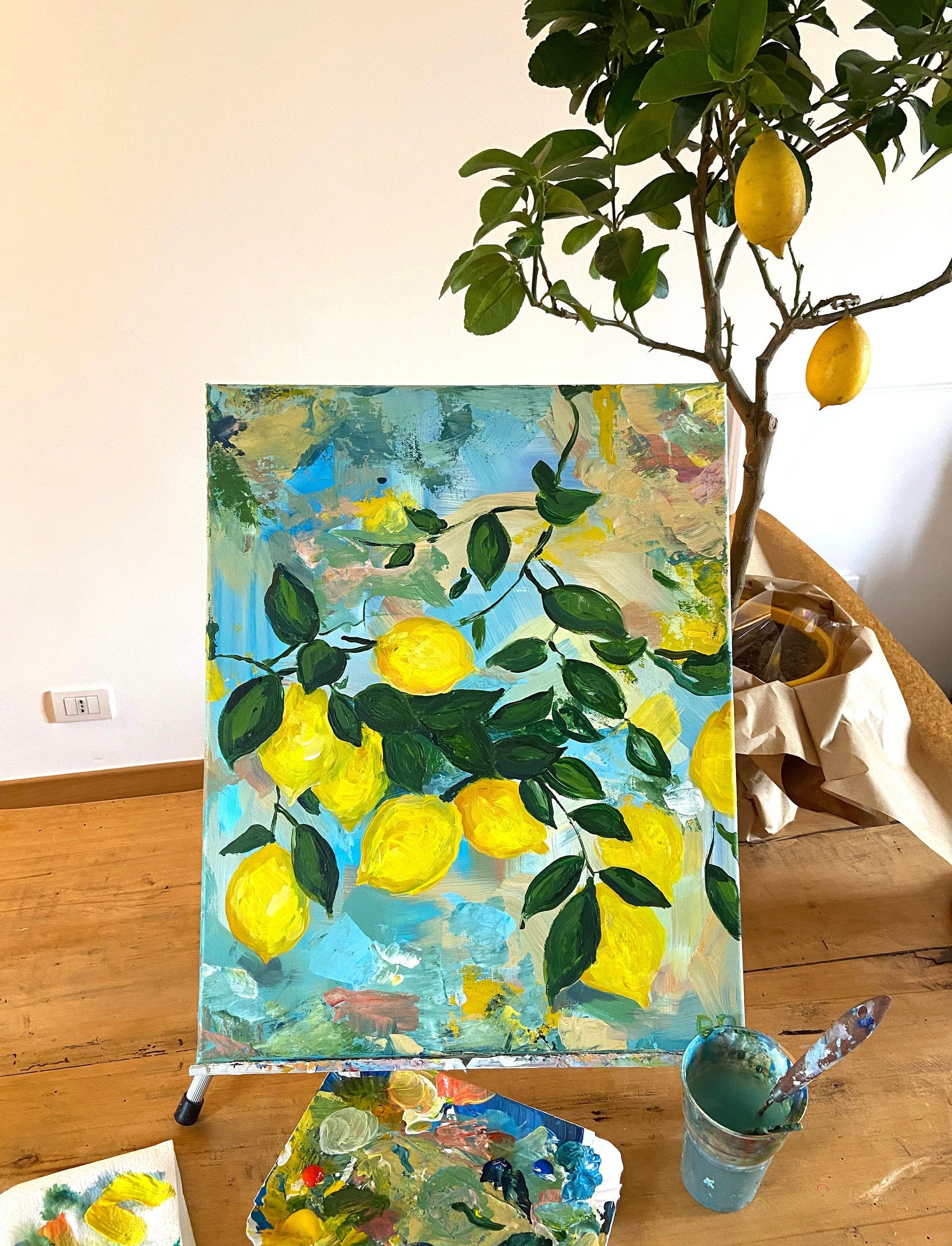 Zitronenbaum - Handgemalt - Originale Acrylmalerei: gespannte Leinwand ...