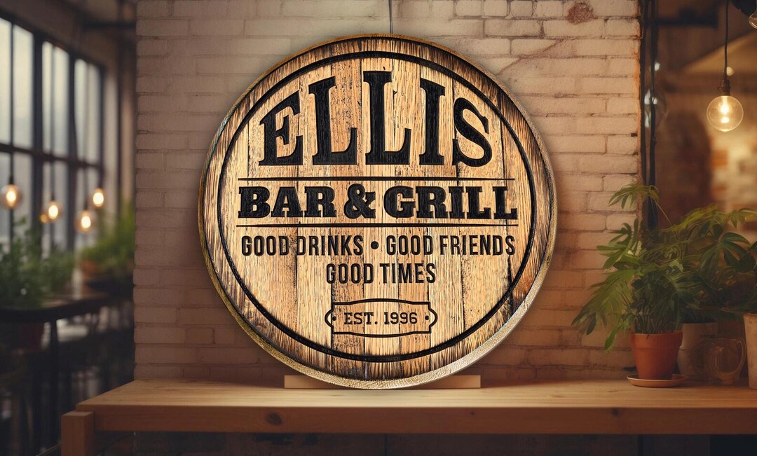Whiskey Barrel Bar Sign, Carved and Personalized Name and Date, Rustic ...