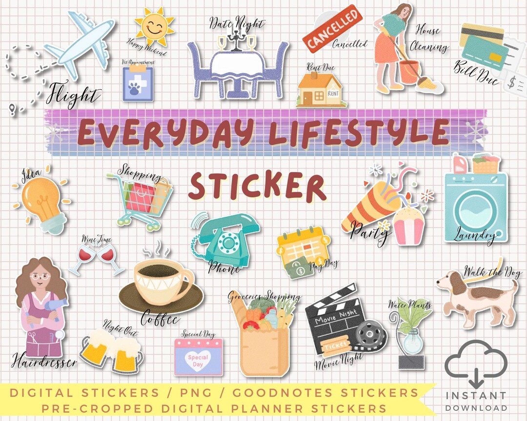 Everyday Lifestyle Digital Stickers, Goodnotes Stickers, Kawaii Cute ...
