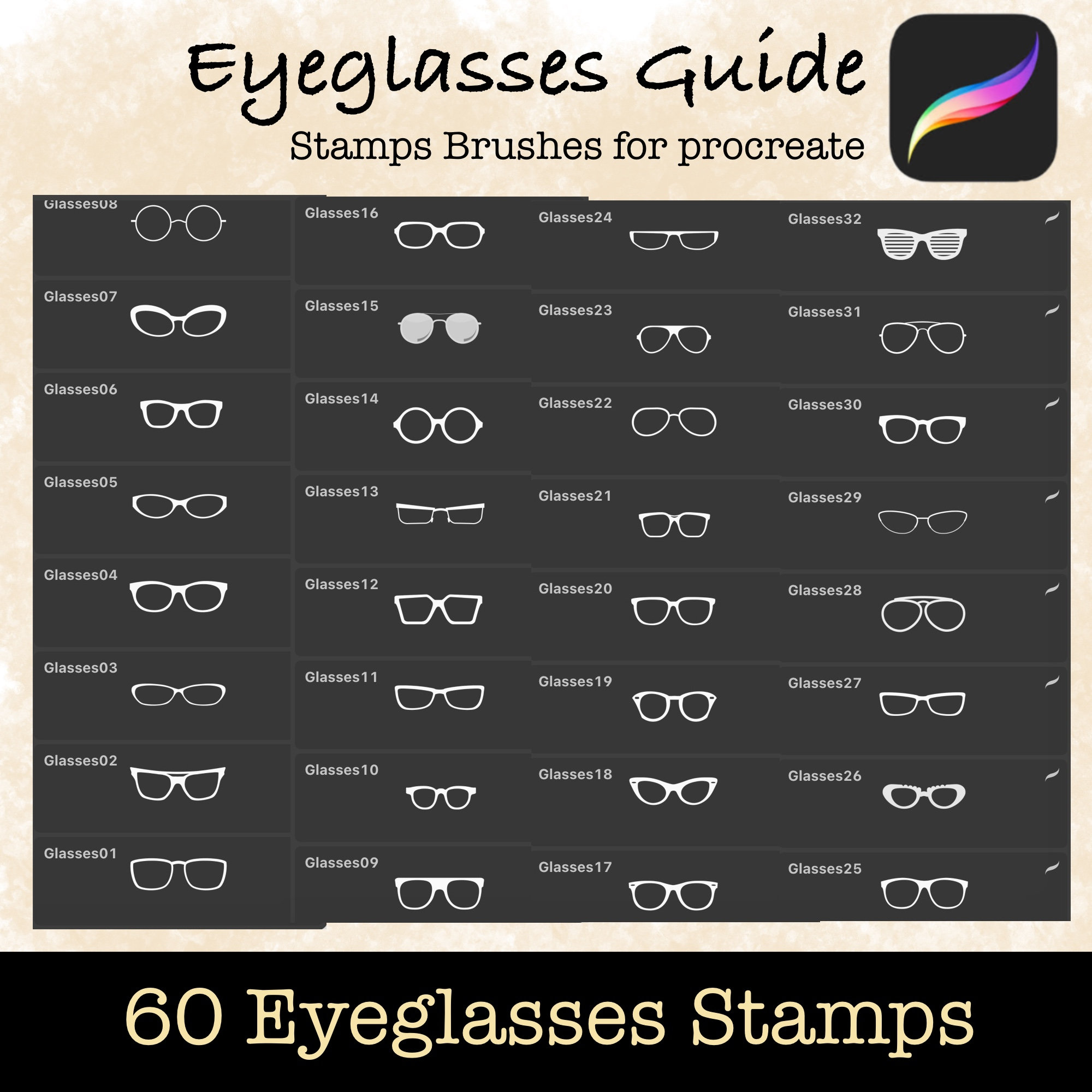 60 Procreate Brushes Stamps Eyeglasses Guides Bundle, Drawing Portrait ...