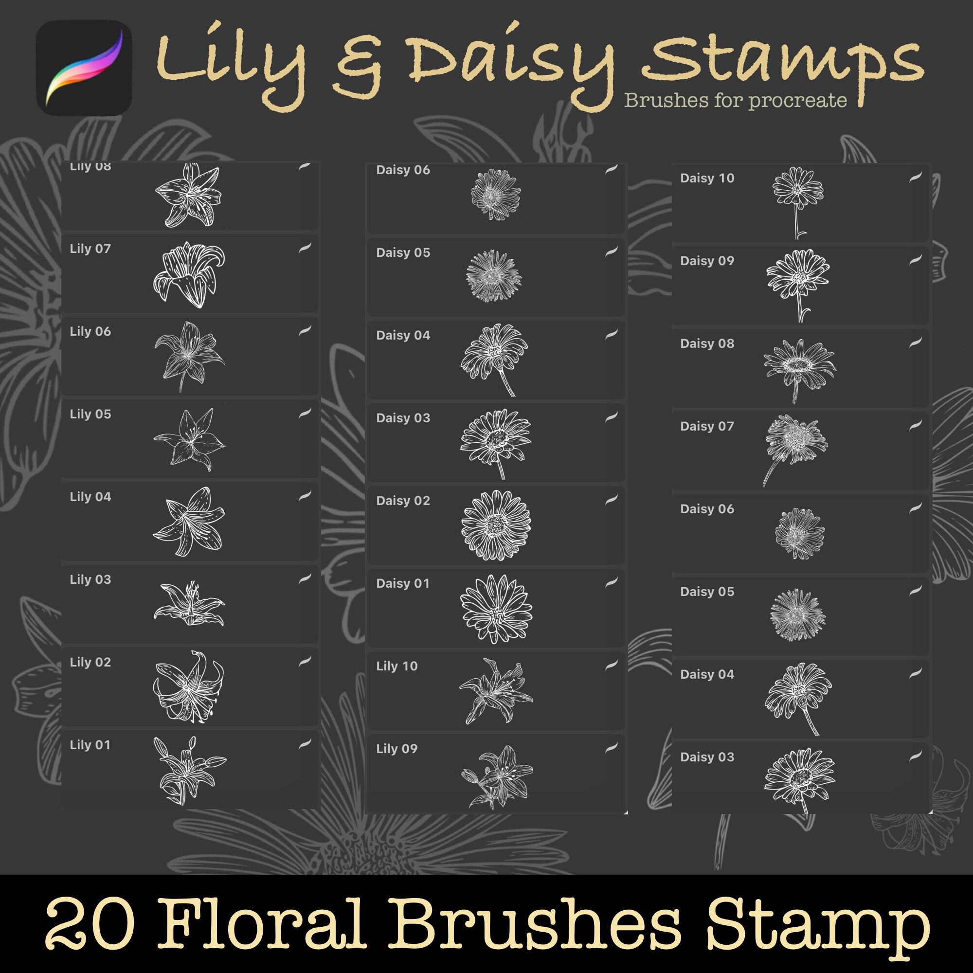 20 Realistic Lily & Daisy Brush Stamps Collection, Procreate Floral ...
