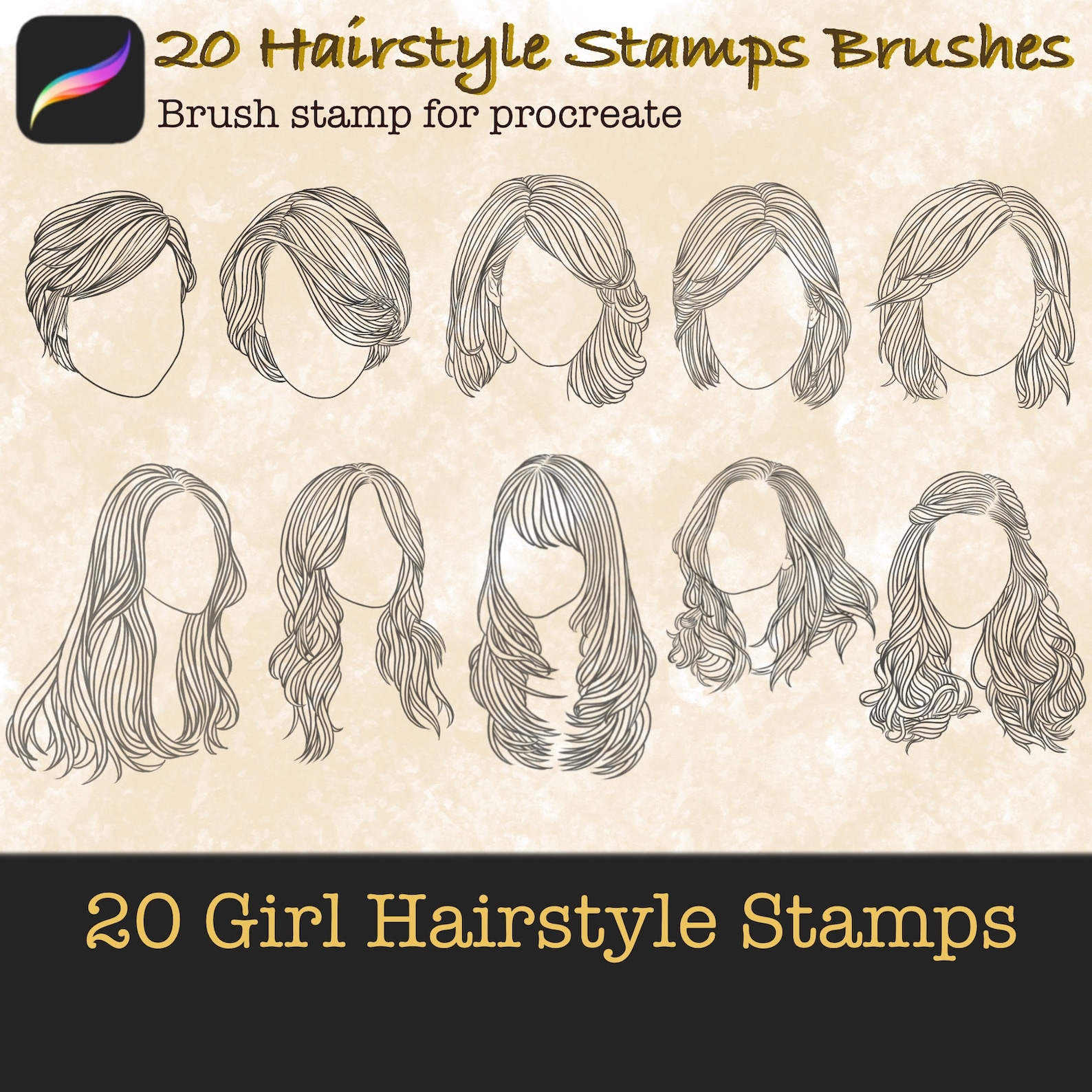 20 Hairstyle Stamps Brushes, Hair Brush Stamp, Procreate Portrait ...