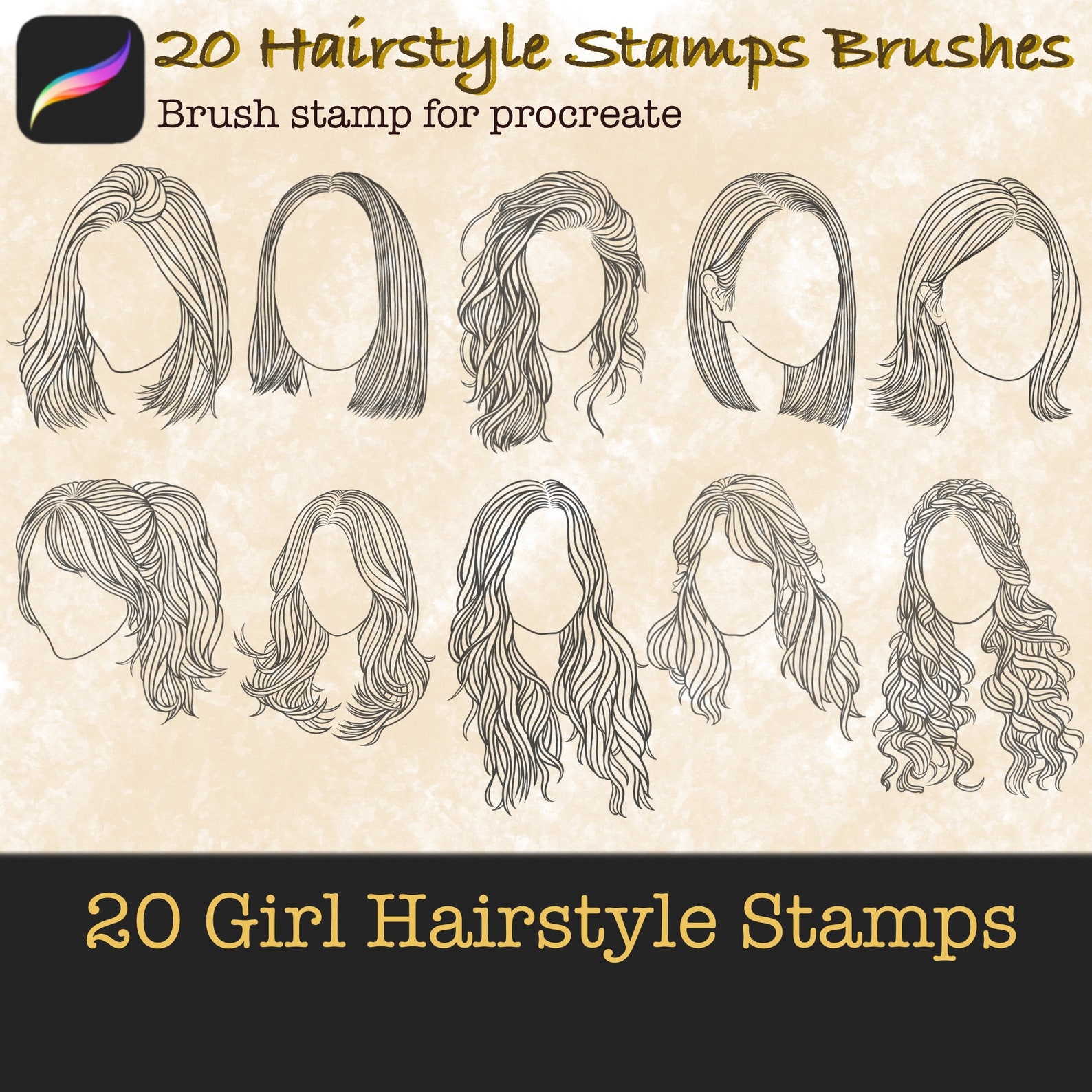 20 Hairstyle Stamps Brushes, Hair Brush Stamp, Procreate Portrait ...