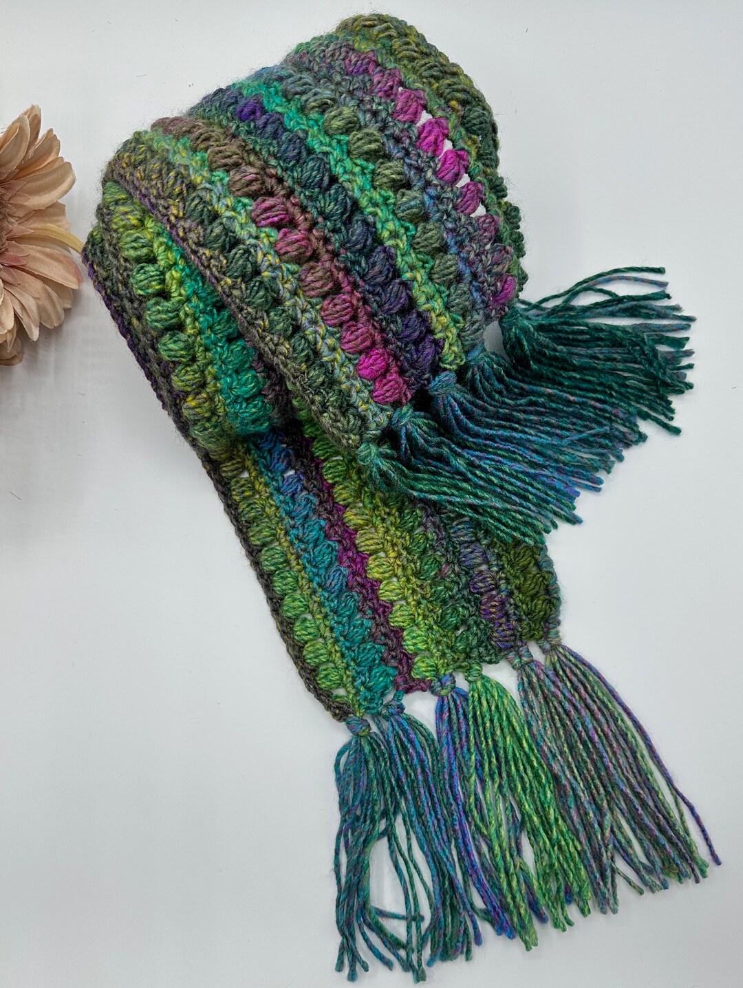 Boho Crochet Fringe Scarf: Handmade Vegan Acrylic Bobble Scarf - Etsy