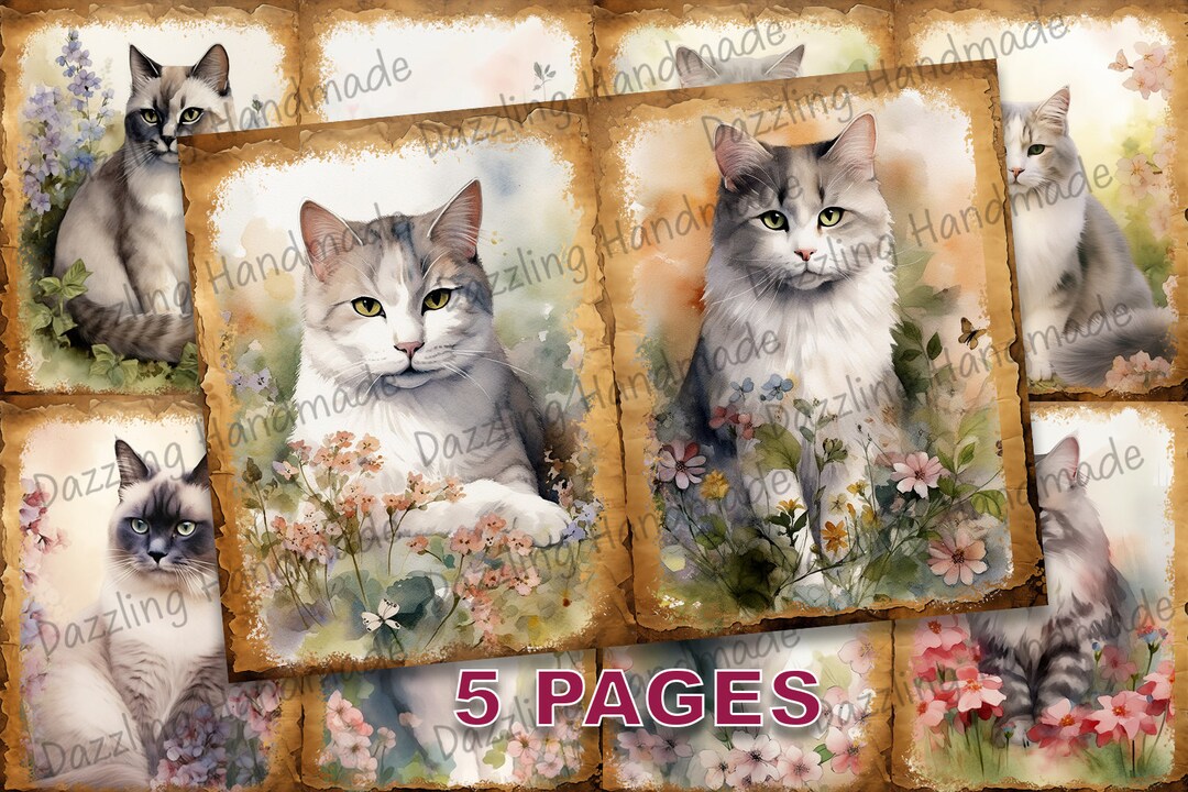 Cute Cat Junk Journal Pages Printable JPG Ephemera Watercolor ...