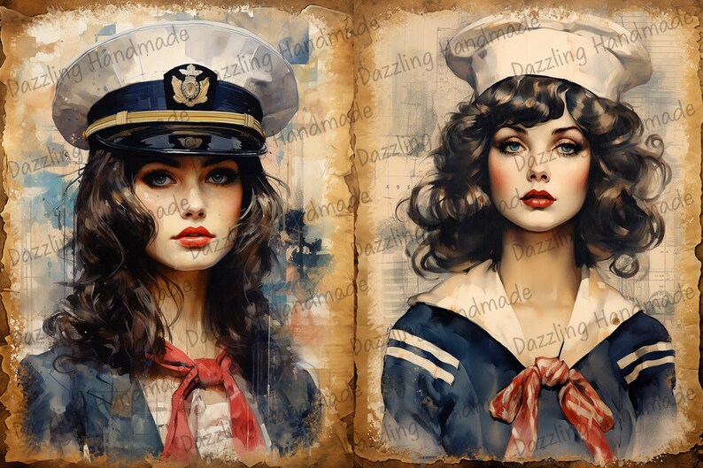 Retro Sailor Woman Journal Pages Printable JPG Ephemera Watercolor ...