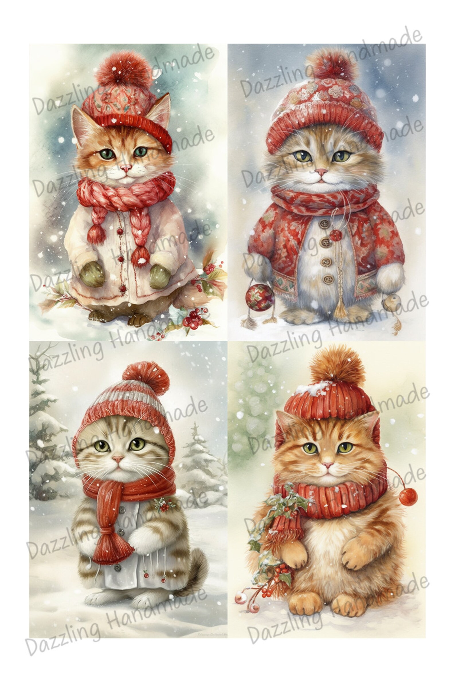 Christmas Cat Postcard Junk Journal Printable Ephemera Watercolor ...