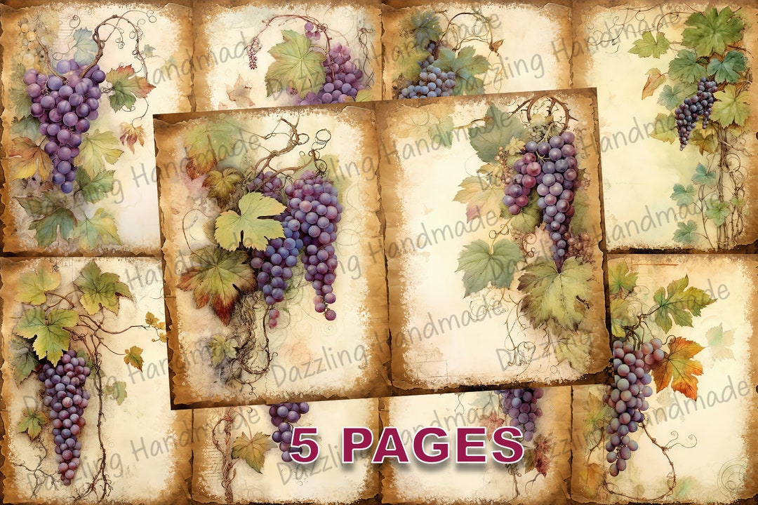 Retro Grape Vine Junk Journal Pages Printable JPG Ephemera Watercolor ...