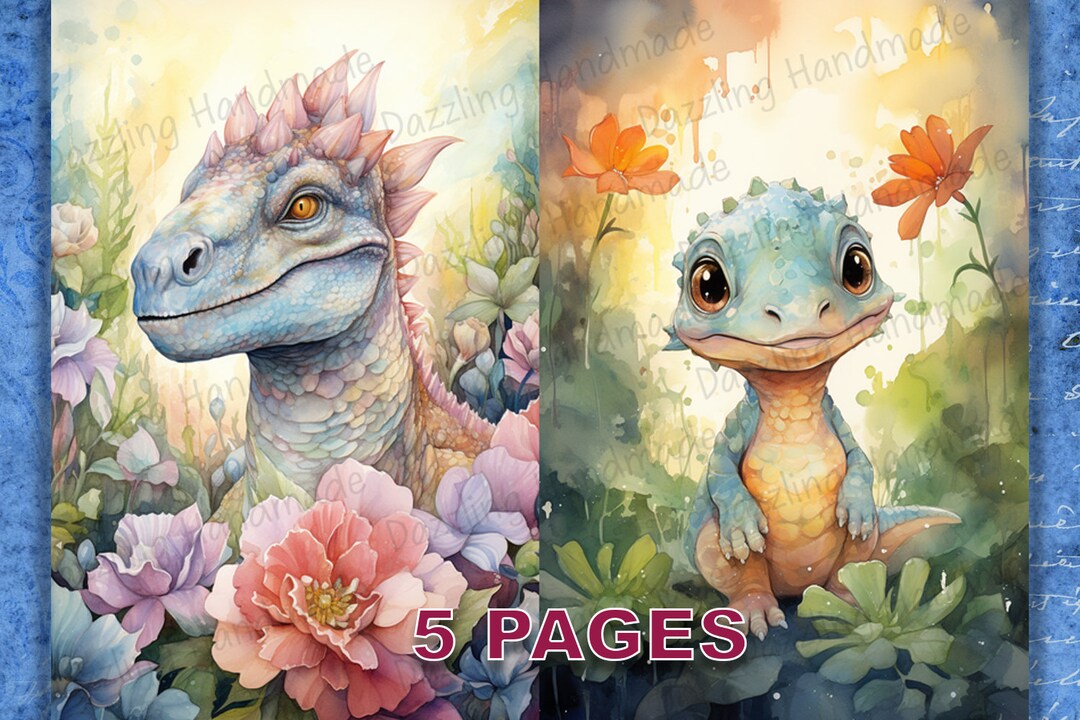 Cute Dinosaur Postcard Junk Journal Printable Ephemera Watercolor ...