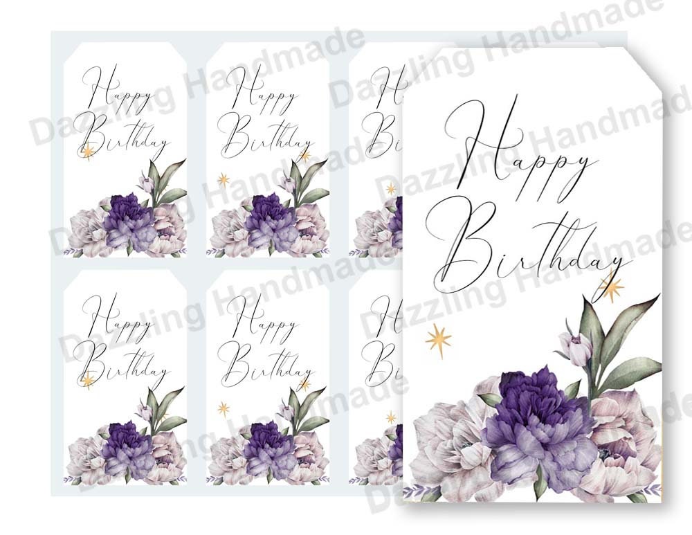 Printable Happy Birthday Favor Tags With Purple Watercolor Flowers ...