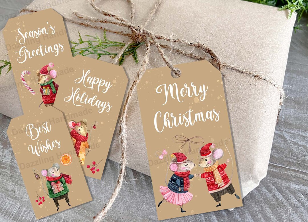 Printable Christmas Gift Tags - Vintage Mice Merry Christmas, Season's ...