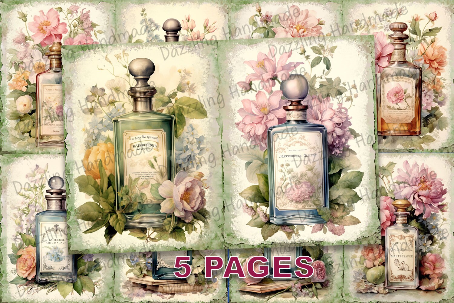 Floral Vintage Perfume Bottle Flower Junk Journal Pages Printable JPG ...