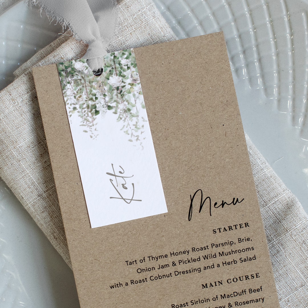 Rustic Wedding Menu & Guest Name Tag Tied With Raw Edge Ribbon ...
