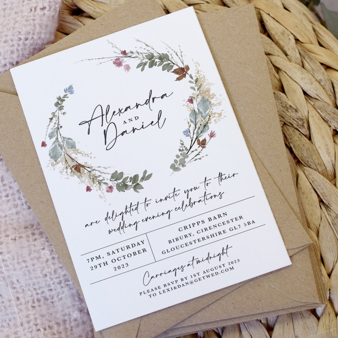 Autumn Wreath A6 Wedding Invite Wedding Evening Invites Wedding Invites ...